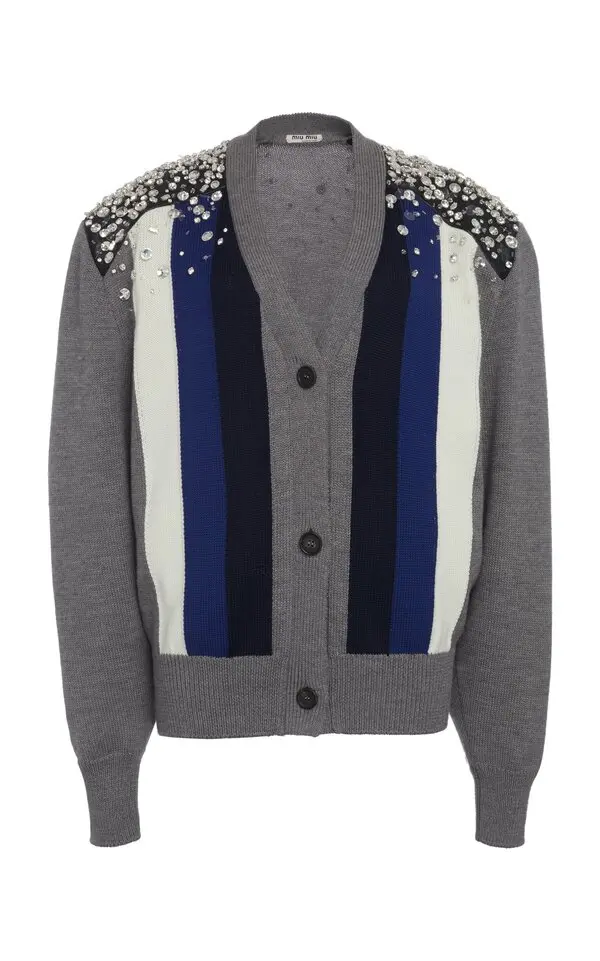 Miu Miu Embellished Striped Wool Cardigan