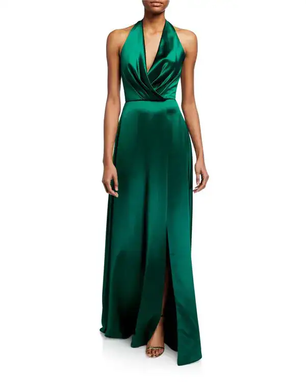 Theia Plunge Front Heavy Charmeuse Satin Halter Gown In Emerald - 75% Off |  Editorialist