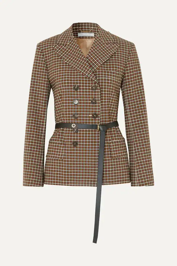 Chloé Belted Double-Breasted Checked Woven Blazer In Brown 74