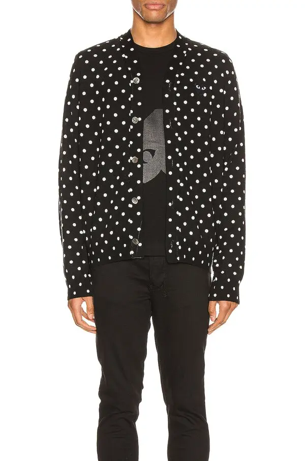 Play Comme Des Garcon Dot Print Wool Cardigan With Black Emblem - Black & Natural