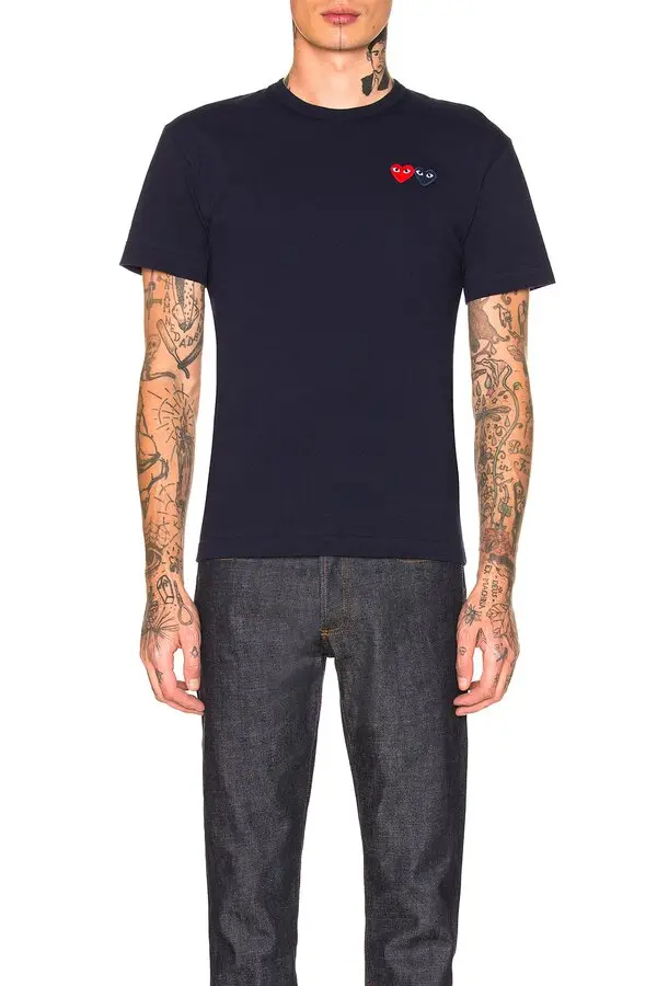 Play Comme Des Garcon Double Emblem Tee In Blue - Navy & White