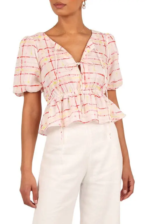 PETAL & PUP Pippi Tie Front Peplum Top - Sunset Check