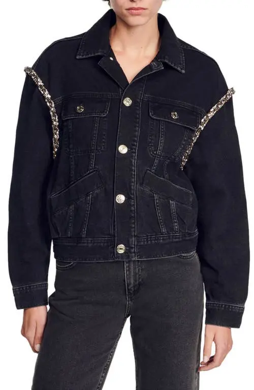 Sandro Oversized Denim Jacket With Rhinestone Embellishments