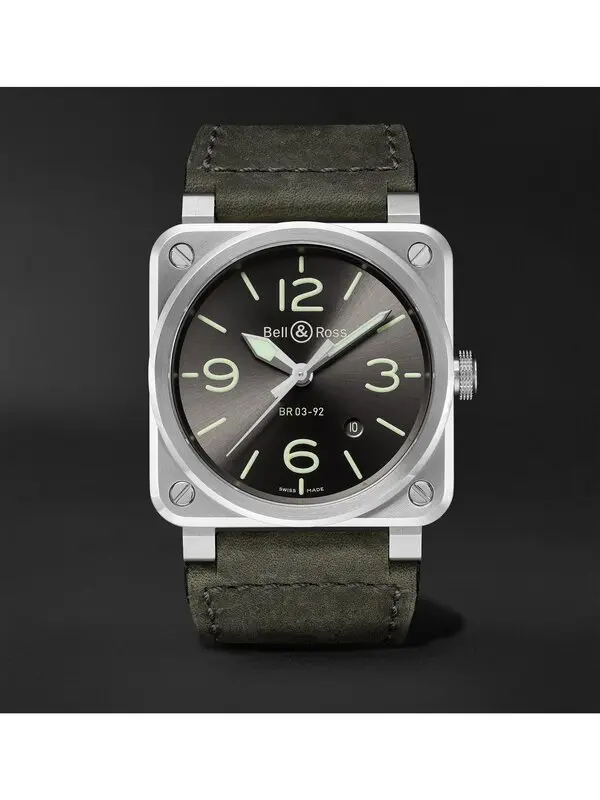 BELL & ROSS Br 03-92 Grey Lum Automatic 42mm Stainless Steel And Leather Watch