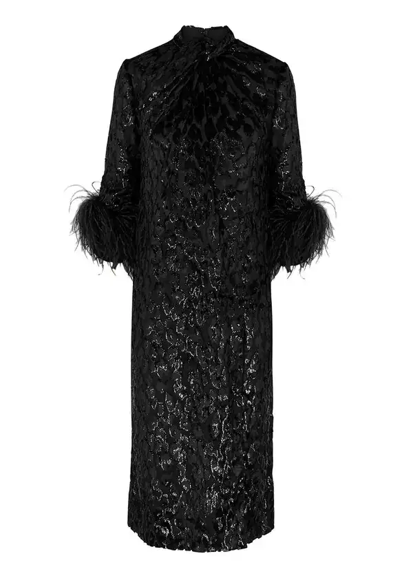 16arlington Fujiko Feather-Trimmed Leopard-Devor Midi Dress In Black - 41%  Off | Editorialist