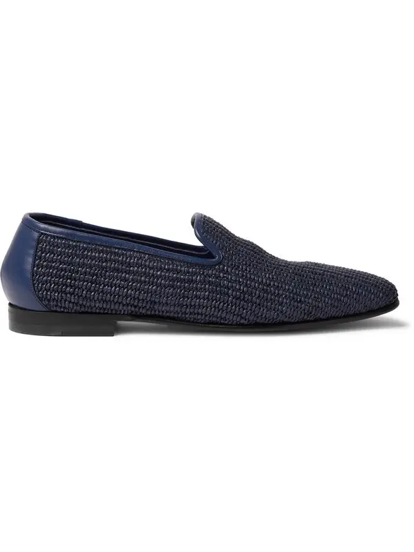 Manolo Blahnik Mario Leather-trimmed Raffia Loafers - Blue
