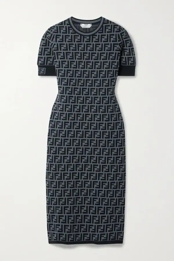 Fendi Jacquard-Knit Midi Dress Gray Editorialist