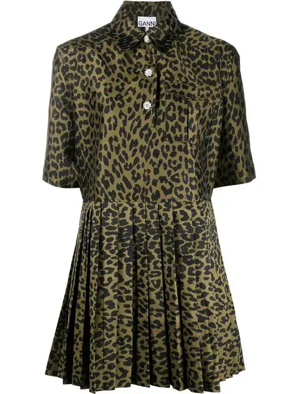 Ganni Leopard Print Shirt Dress In Green - 70% Off | Editorialist