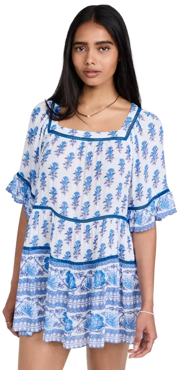Playa Lucila Drop Waist Floral Print Dress - Blue Border Print