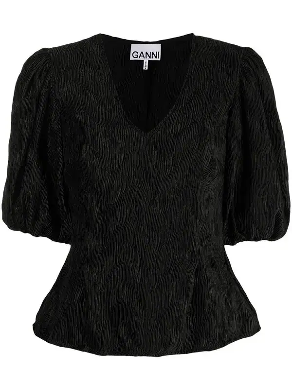 Ganni Pleated Satin Blouse In Black - 20% Off | Editorialist