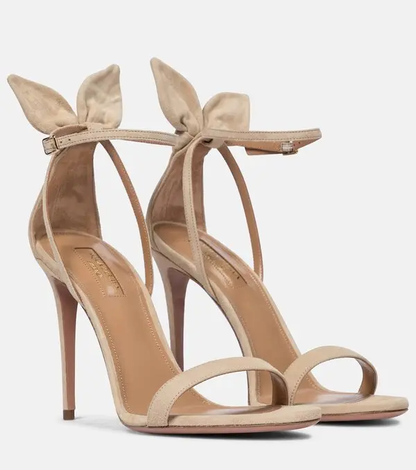AQUAZZURA Bow Tie 105 Suede Sandals - Beige