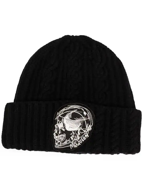 Alexander McQueen Black Hat with White Skull Motifs Varsity Skull embroidered gabardine baseball cap - ALEXANDER  main image 2