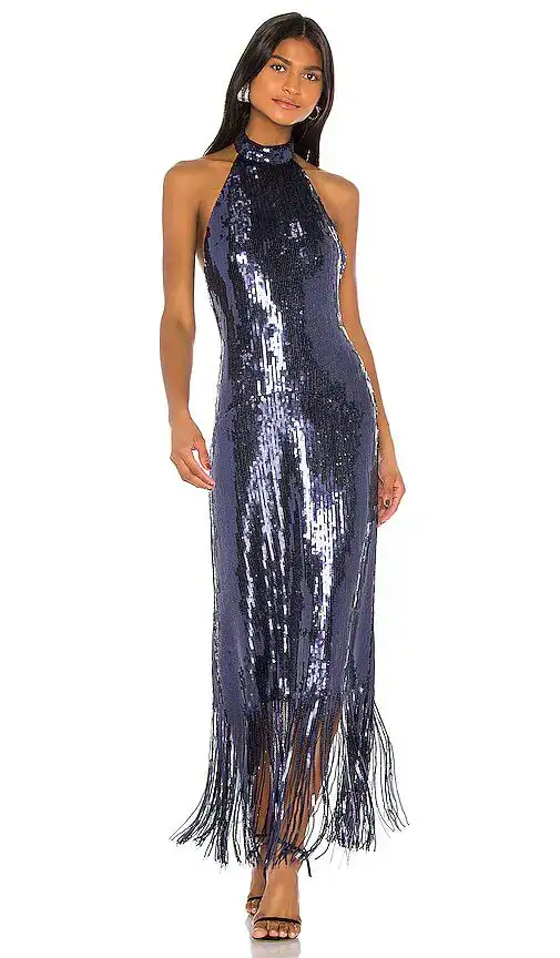 House Of Harlow 1960 X Sequined Maxi Dress With Fringe In Navy - 52% Off