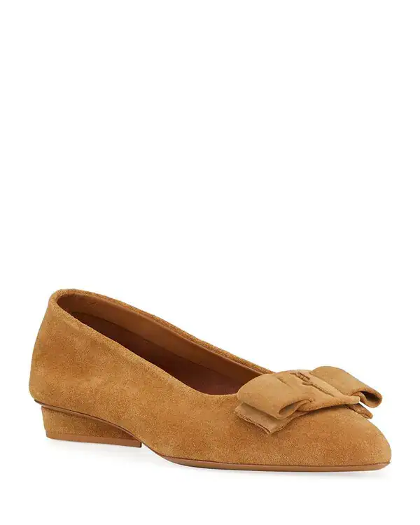 Ferragamo Viva Suede Bow Ballet Flats Beechwood Editorialist