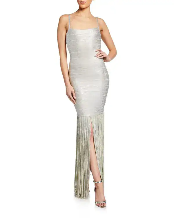 Herve Leger Square-Neck Strappy Foiled Fringe Gown In Silver - 64% Off |  Editorialist
