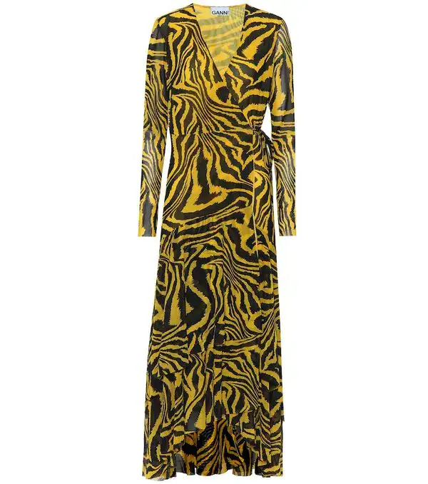 Ganni Yellow Leopard Print Wrap Dress Ganni Animal-Print Mesh Wrap