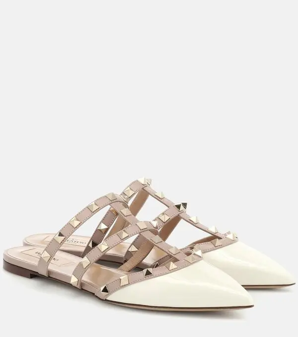Valentino Garavani Rockstud Patent Leather Slippers - White