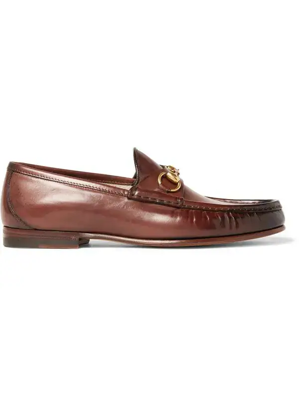 Gucci Roos Horsebit Burnished-Leather Loafers - Brown 