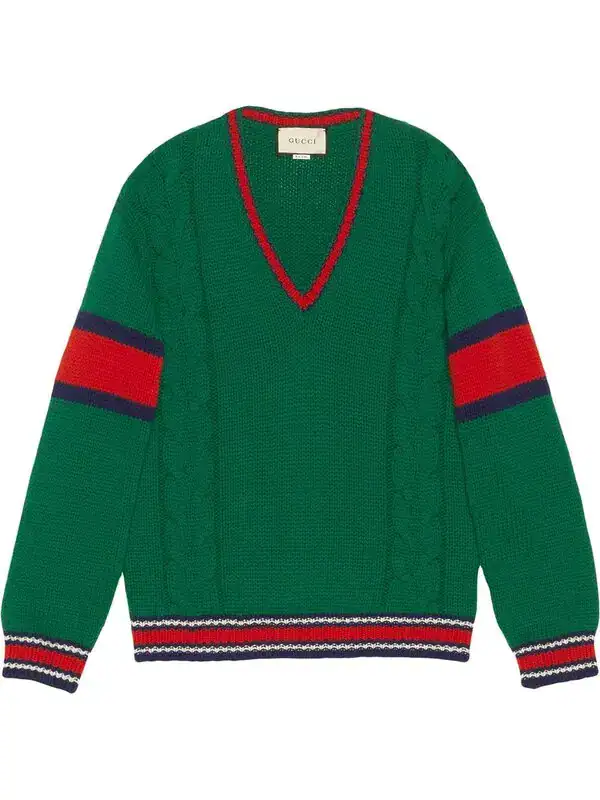 GUCCI グリーン Vネック ニット Gucci Cable Knit V-Neck Jumper - Green | Editorialist