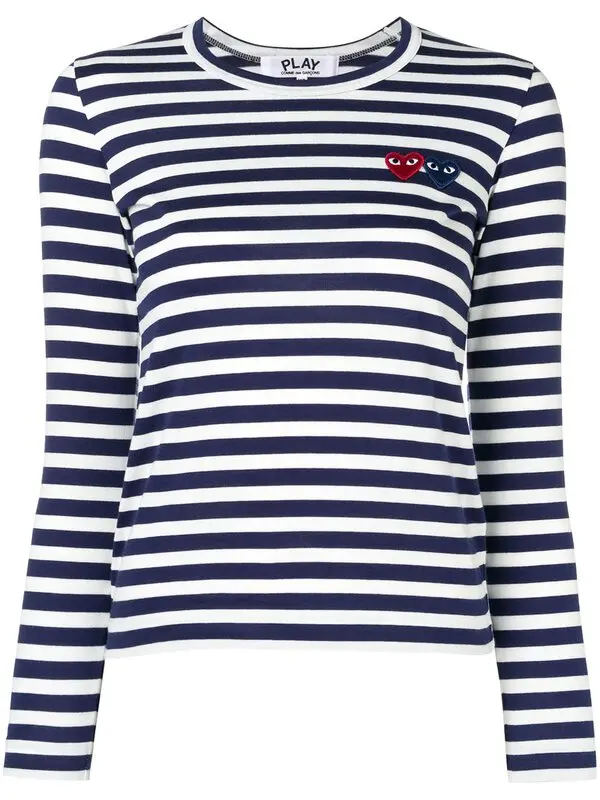 Play Comme Des Garcon Double Heart Logo Striped T-shirt