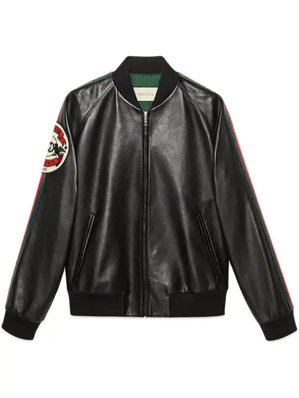 Gucci Leather Bomber Jacket With Patch - Black | Editorialist