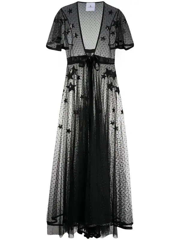 Annamode Silk Star Embroidered Sheer Dress In Black - 50% Off