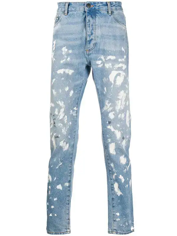 Palm Angels Paint-Splatter Slim-Fit Jeans In Blue 68% Off