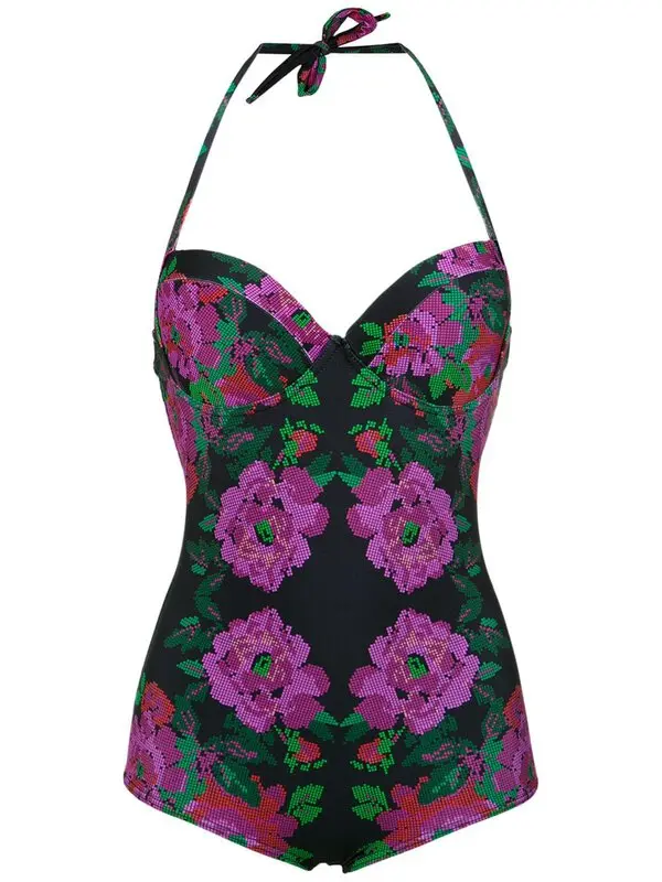 AMIR SLAMA Floral Print One Piece Swimsuit - Black
