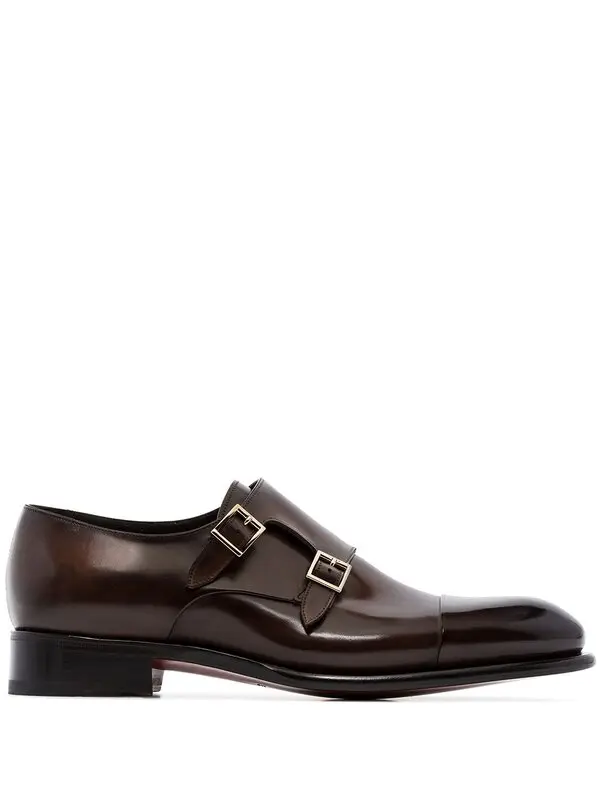 Santoni Double Strap Leather Monk Shoes - Brown