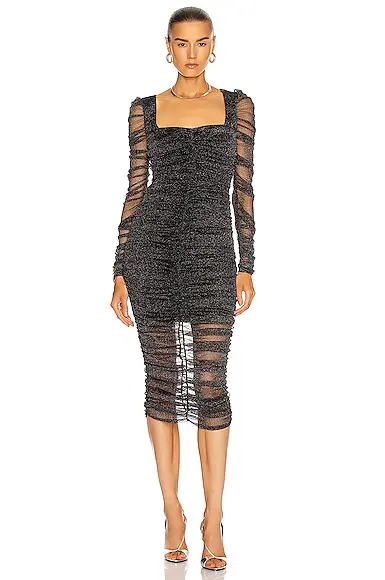 knee length dresses for ladies Black Square Neck Ruched Long Sleeve Midi Dress – AX Paris main image 0