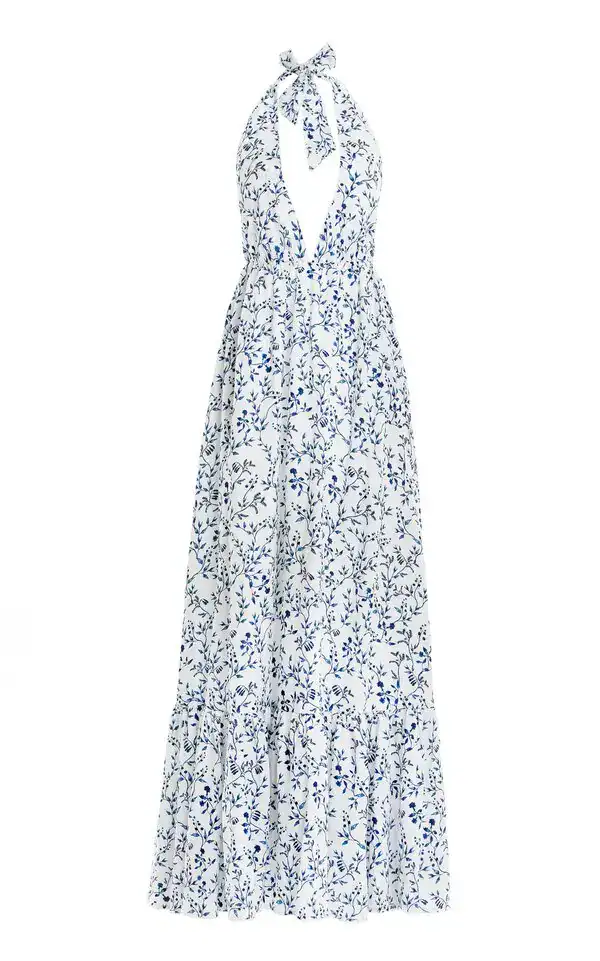 agua by agua bendita olivia floral halter maxi dress Oliva Acacias-Print Linen - Blue Balsa