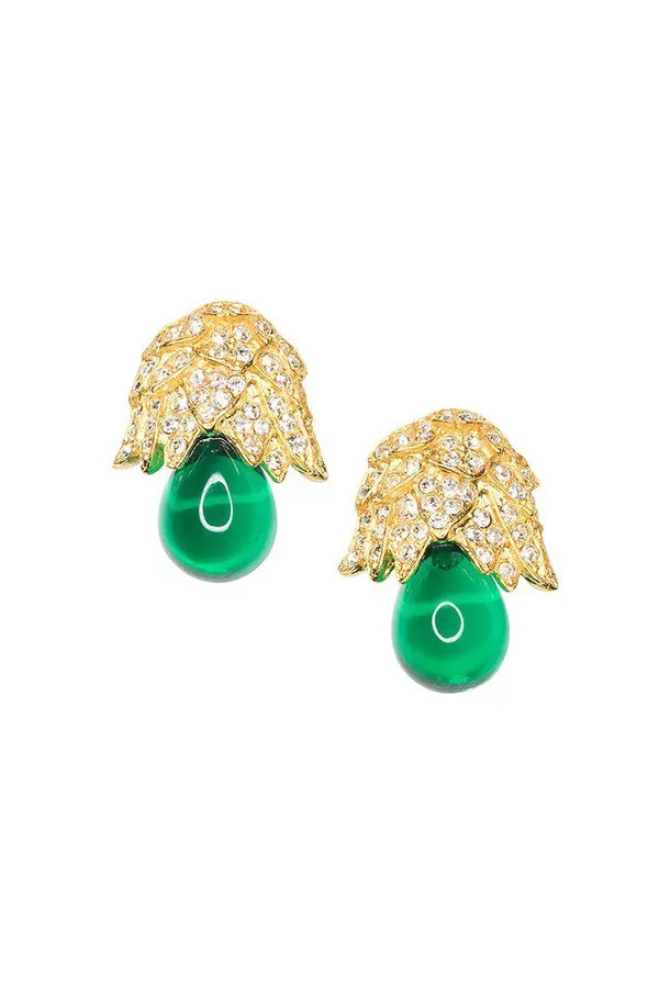KENNETH JAY LANE Jackie Kennedy Emerald Bud Clip Earrings - Gold