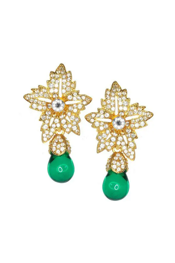 KENNETH JAY LANE Flower Top Emerald Teardrop Clip Earrings