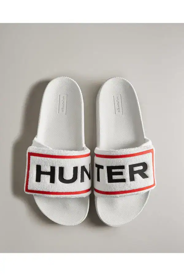 Hunter Terry Towelling Logo Adjustable Slides White Editorialist