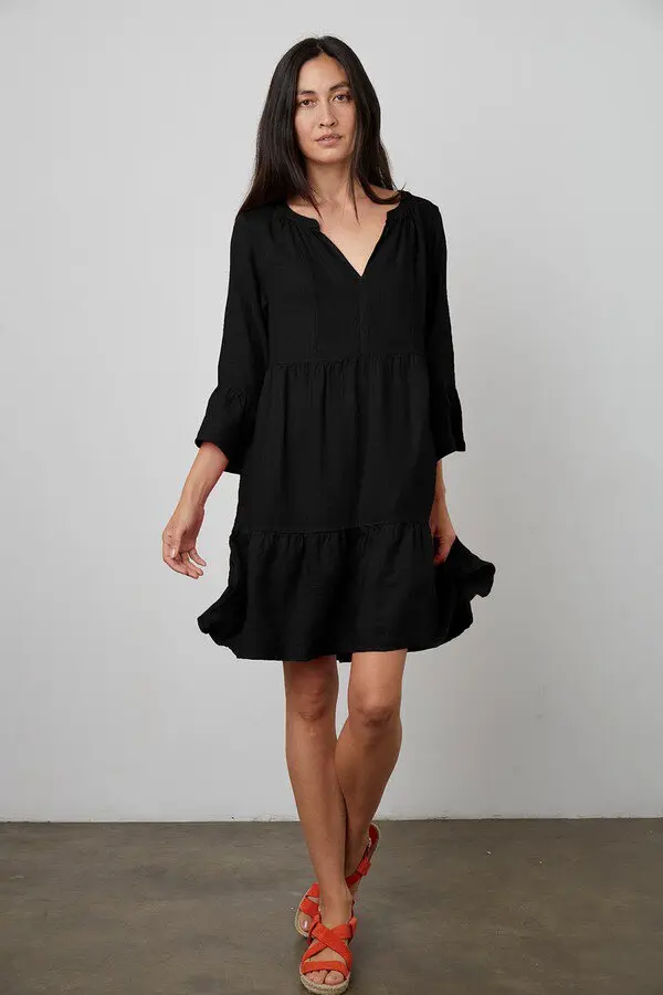 Velvet By Graham & Spencer Aurora Woven Linen Tiered Dress - Black |  Editorialist