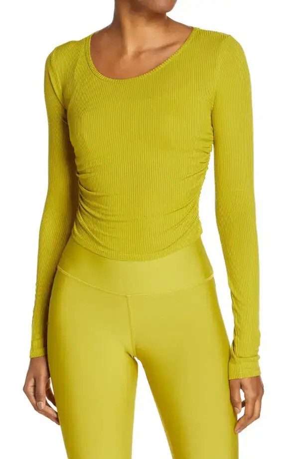Buy Alo Yoga Gather Long Sleeve Rib Crop Top - Chartreuse At 20