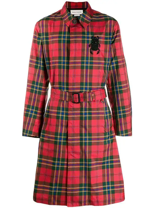 Alexander Mcqueen Tartan Motif Trench Coat In Red 50% Off
