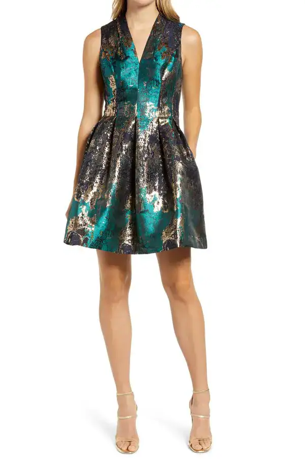 fitted lace wedding dress Vince Camuto Women's Metallic Jacquard Fit & Flare Dress, V-Neck,  Sleeveless (Multi,8) at Amazon Women's Clothing store main image 0