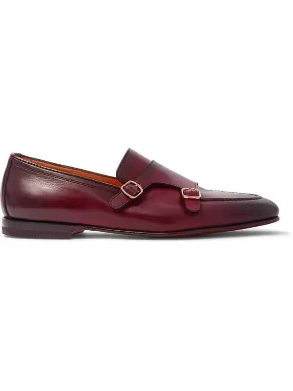 Santoni Burnished-Leather Monk-Strap Shoes Uk 11 In Burgundy 60
