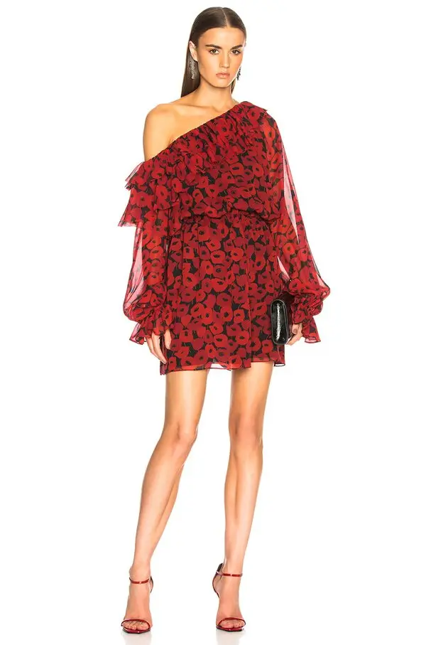 Saint Laurent Georgette Poppy Print One Shoulder Dress