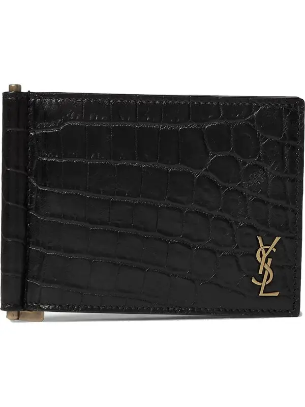 Saint Laurent Logo-appliquéd Croc-effect Leather Billfold Wallet With Money Clip - Black