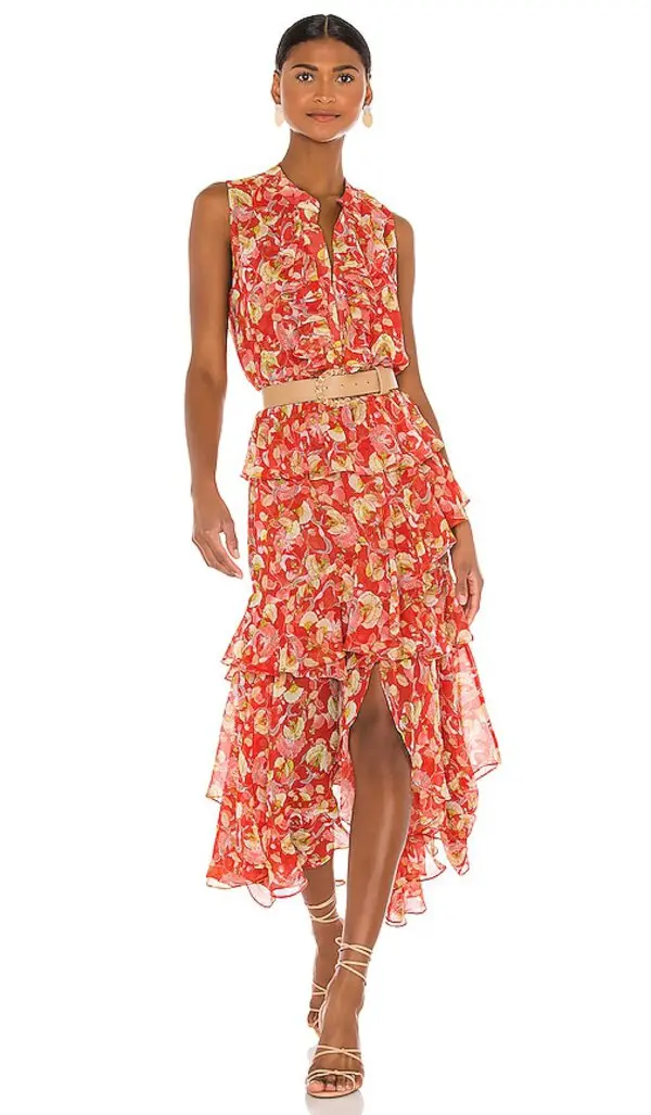 Misa Ilona Dress In Red, Yellow In Mandarin Fan - 30% Off | Editorialist