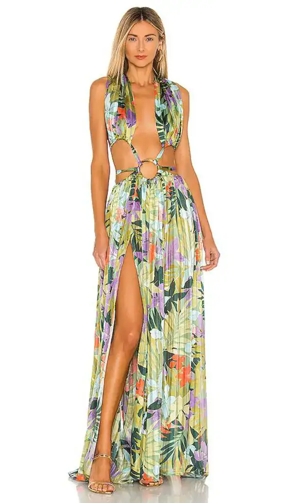 knee length dresses for ladies Ariel Bronx and Banco Tropics Maxi Dress in Lavender & Multicolor –  fashionmallonline.com main image 1