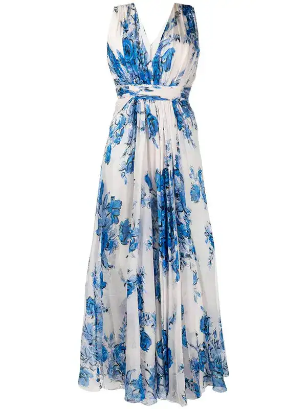 Alberta Ferretti Floral-Print Draped Long Silk Dress In Blue - 60% Off |  Editorialist