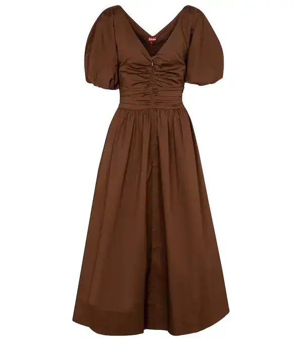 Staud Greta Cotton Poplin Midi Dress In Brown - 30% Off | Editorialist