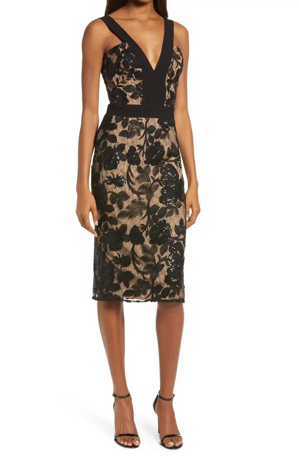 Dress The Population Floral Lace Applique Dress - Black-Nude | Editorialist