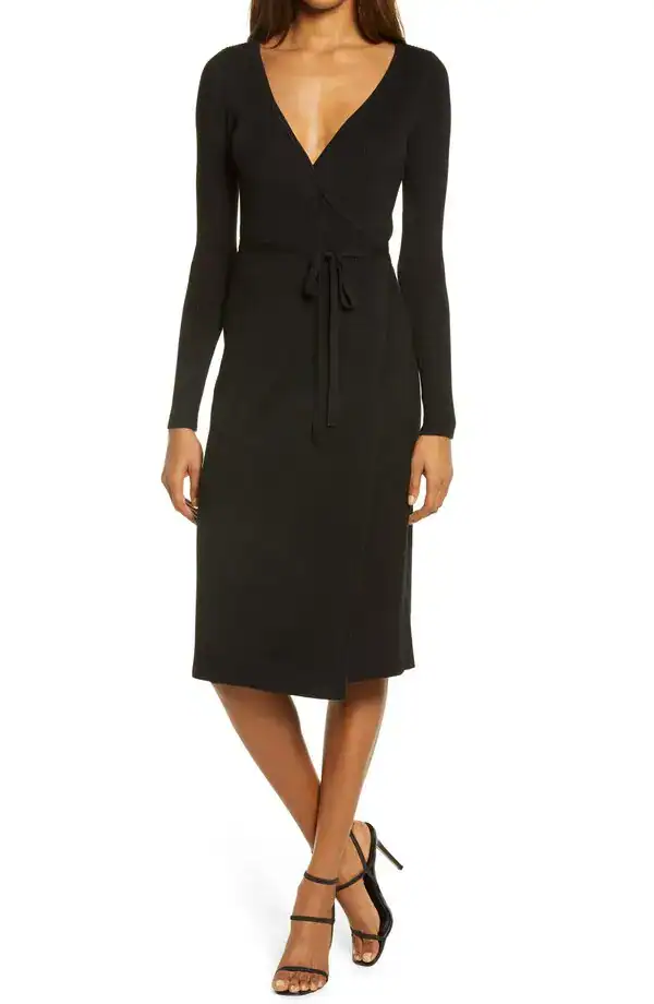 Guess Everly Long Sleeve Wrap Sweater Dress In Jet Black 60% Off