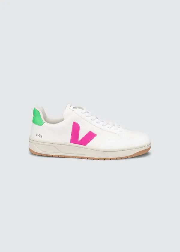 Veja V12 Neon Mixed Leather Court Sneakers Pink/Green Editorialist