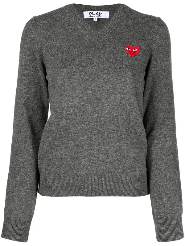 Play Comme Des Garcon Embroidered V-neck Jumper - Grey