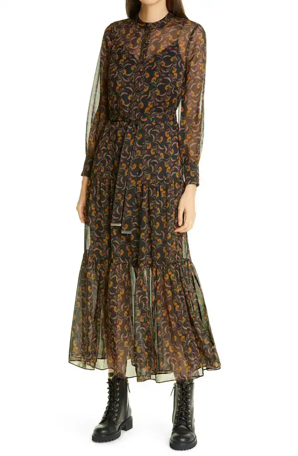 chinese dress ladies Black Floral Graphic Long Sleeve Satin Midi Dress | Ziara main image 1